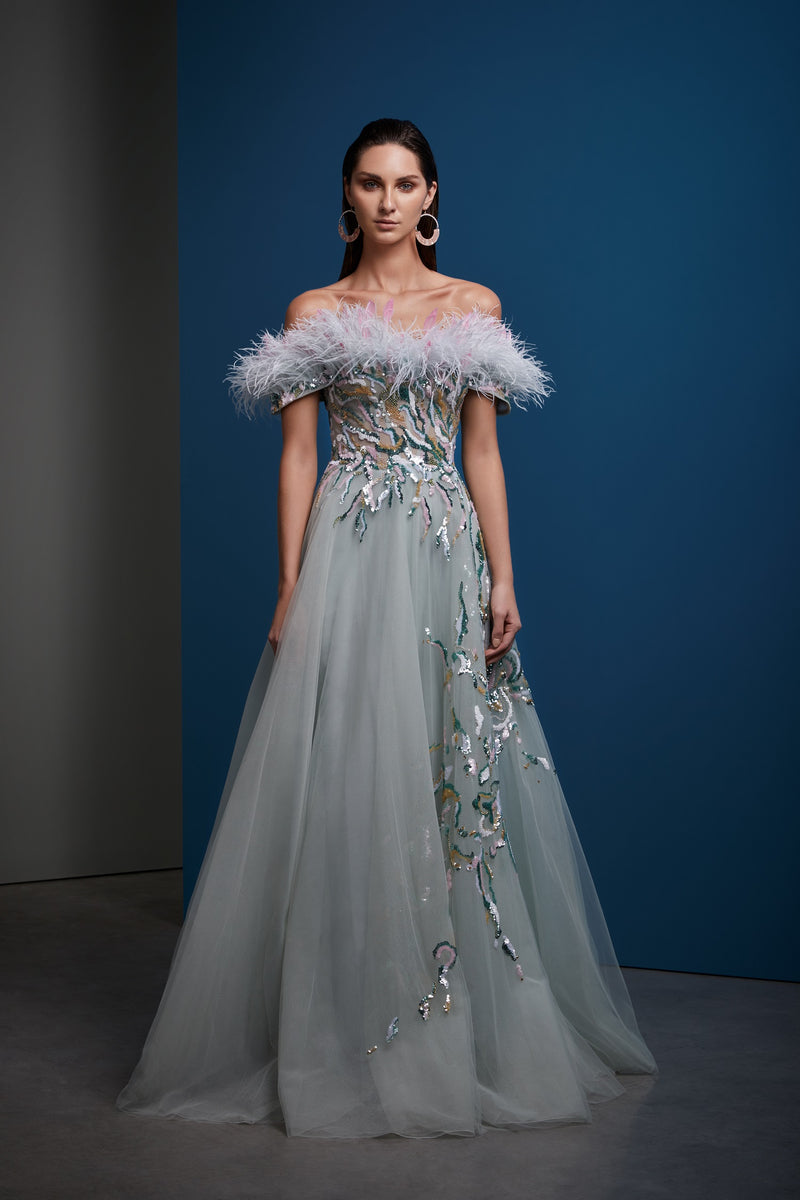 Shop Off Shoulder Feather Gown Online UAE – yuzini